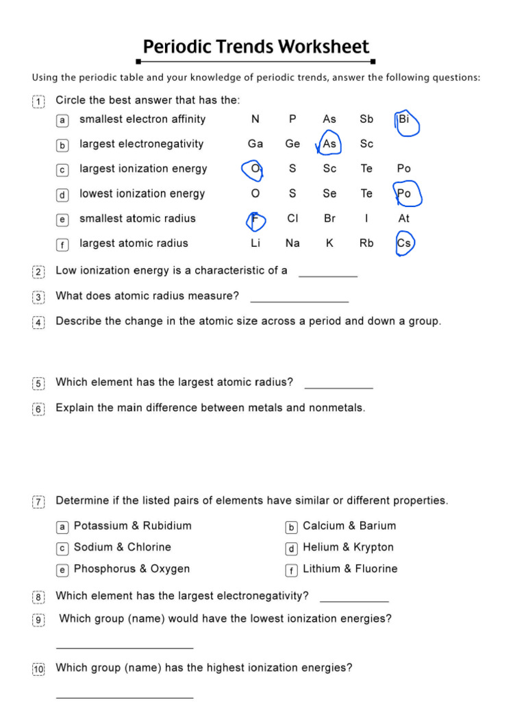 Chemistry Periodic Trends Worksheet | PDF
