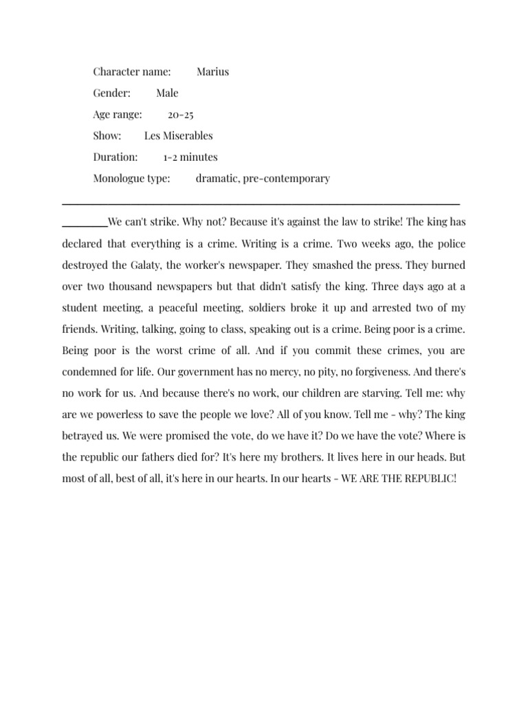 We Can't Strike... - Marius, - Les Miserables | PDF