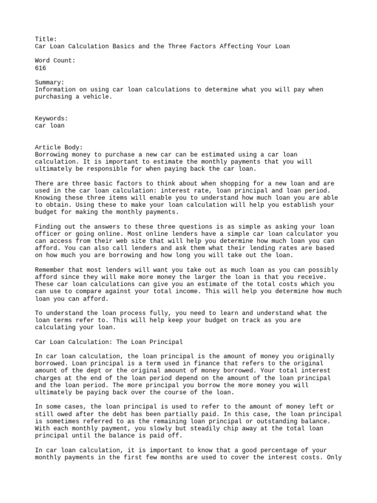 Car Loan Calculation Basics and The Three Factors Affecting Your Loan | PDF