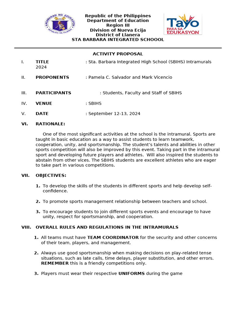 Intrams Proposal | PDF