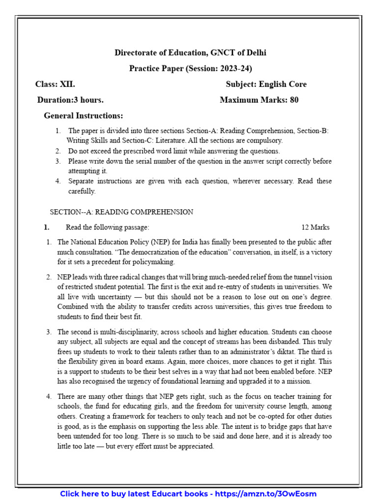 Class 12 English Core Practice Paper 2023-24 Set 1 | PDF