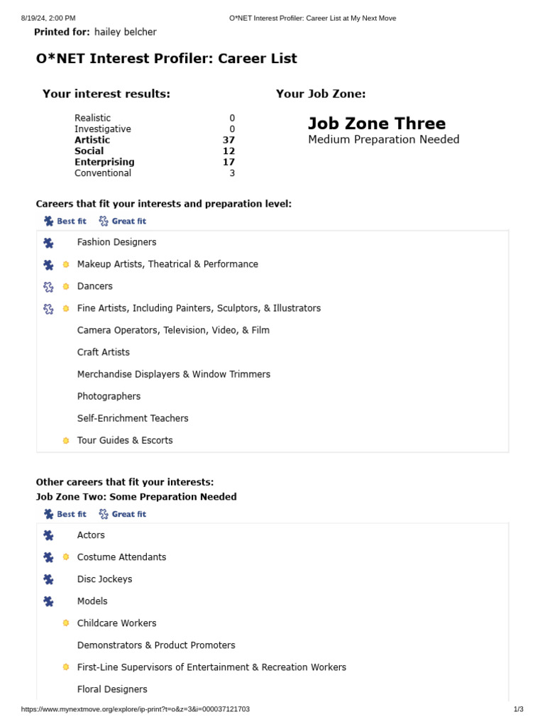 O - NET Interest Profiler - Career List at My Next Move | PDF