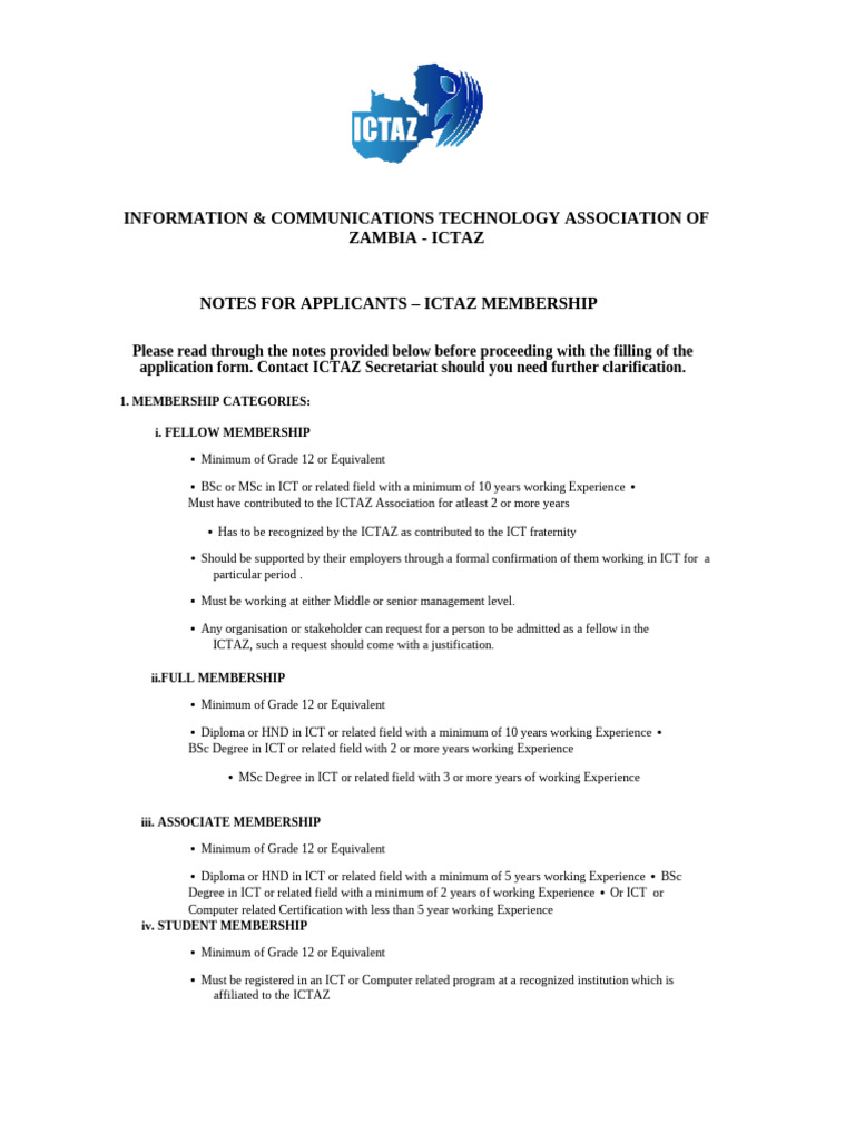 ICTAZ Membership Application Guide | PDF | Information And ...