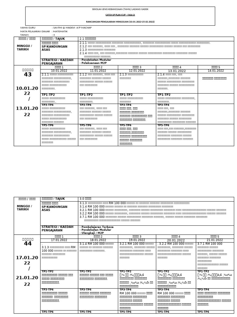 Catch Up Plan Maths THN 4 | PDF