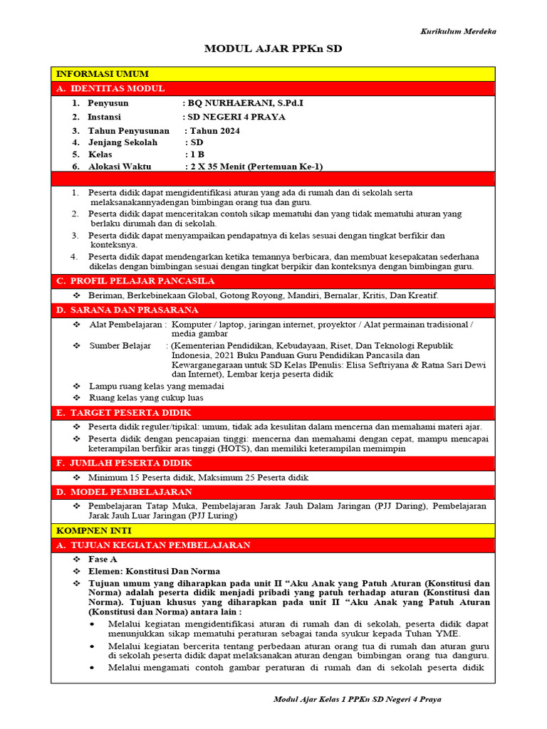 MODUL AJAR PPKN SD Ibu Nur Upload | PDF
