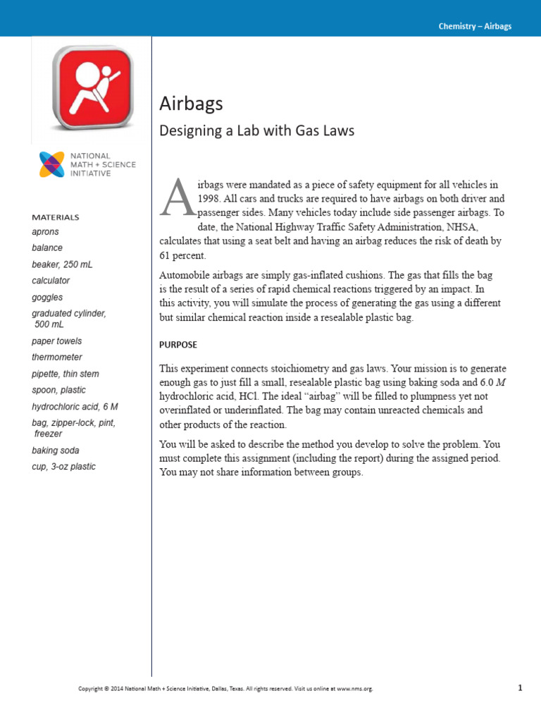 Airbags-Designing A Lab With Gas Laws - S-DATA-1 Josue Cifuentes | PDF