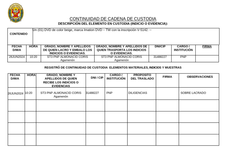 Cadena de Custodia Formato A7 | PDF