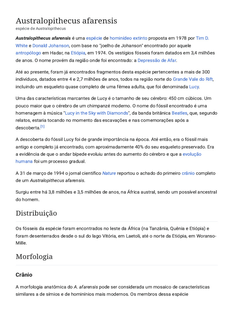 Australopithecus Afarensis - Wikipédia, A Enciclopédia Livre | PDF