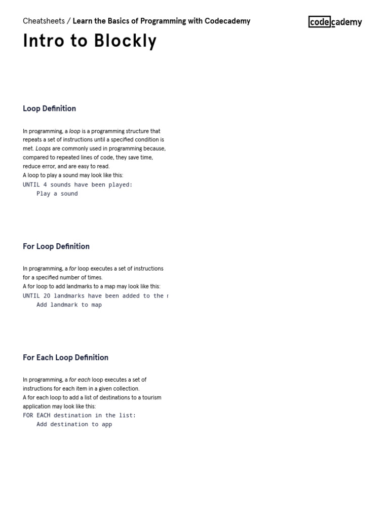 Learn The Basics of Programming With Codecademy - Intro To Blockly Cheatsheet - Codecademy | PDF