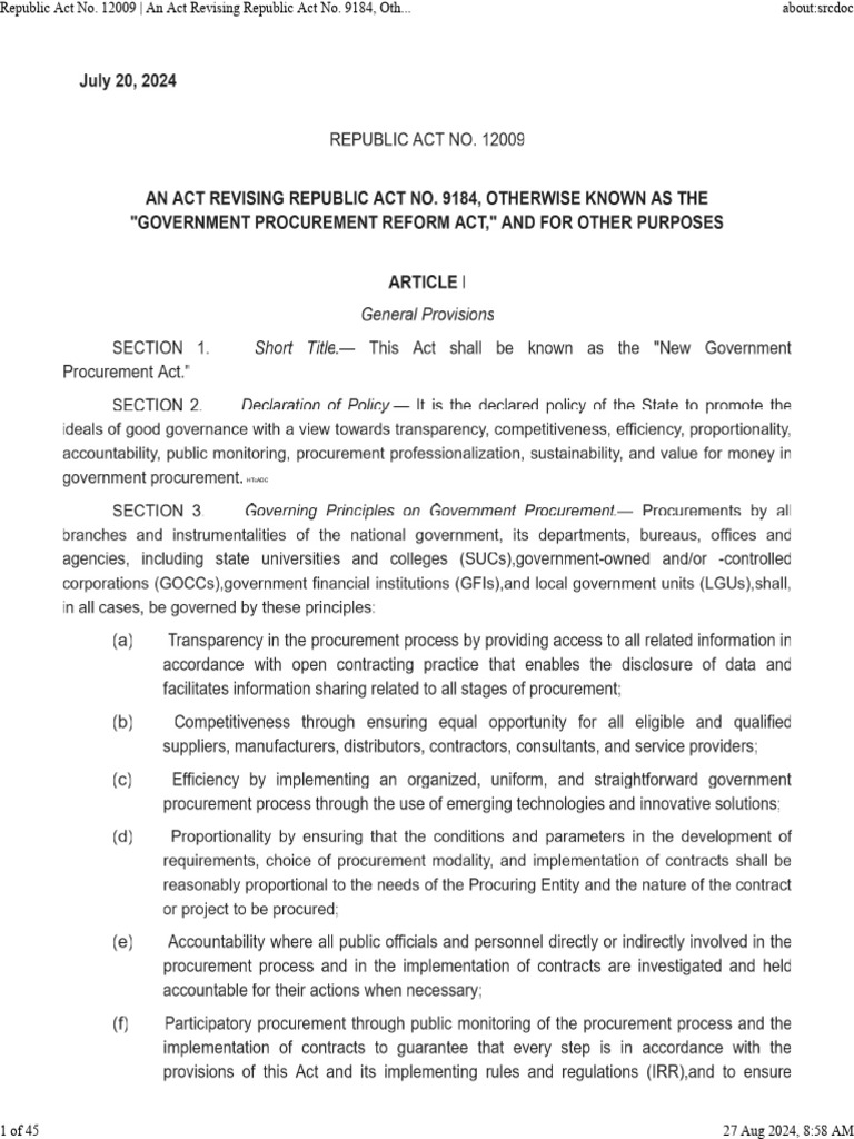 RA 12009 - New Government Procurement Act | PDF | Justice | Crime & Violence