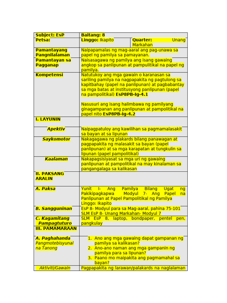 EsP8 - Lesson Plan - Q1 - Week7 | PDF