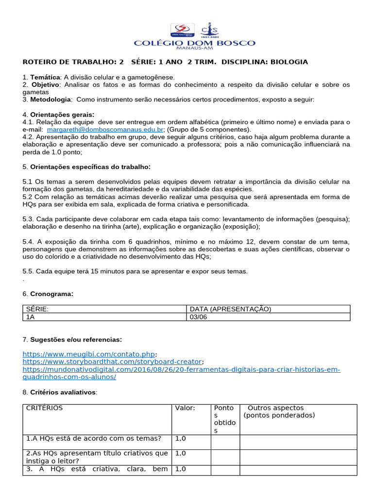 Roteiro de Trabalho - Av1.1anos - Bio.2trim.2024. | PDF