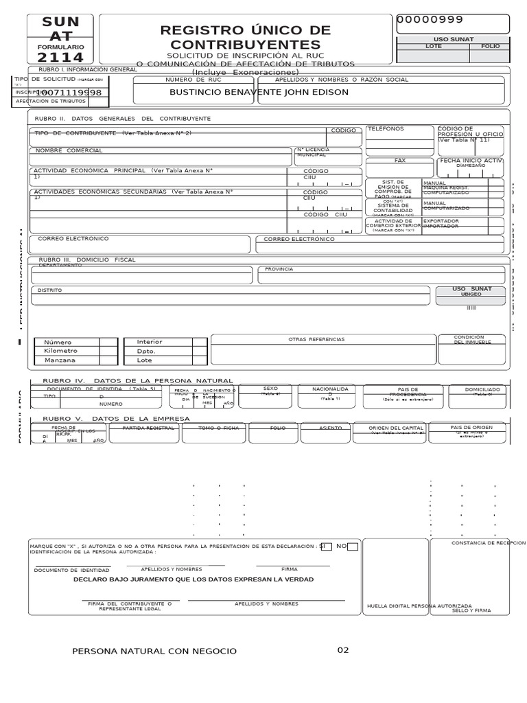 2119 - Formulario Inscripcion Al Ruc | PDF