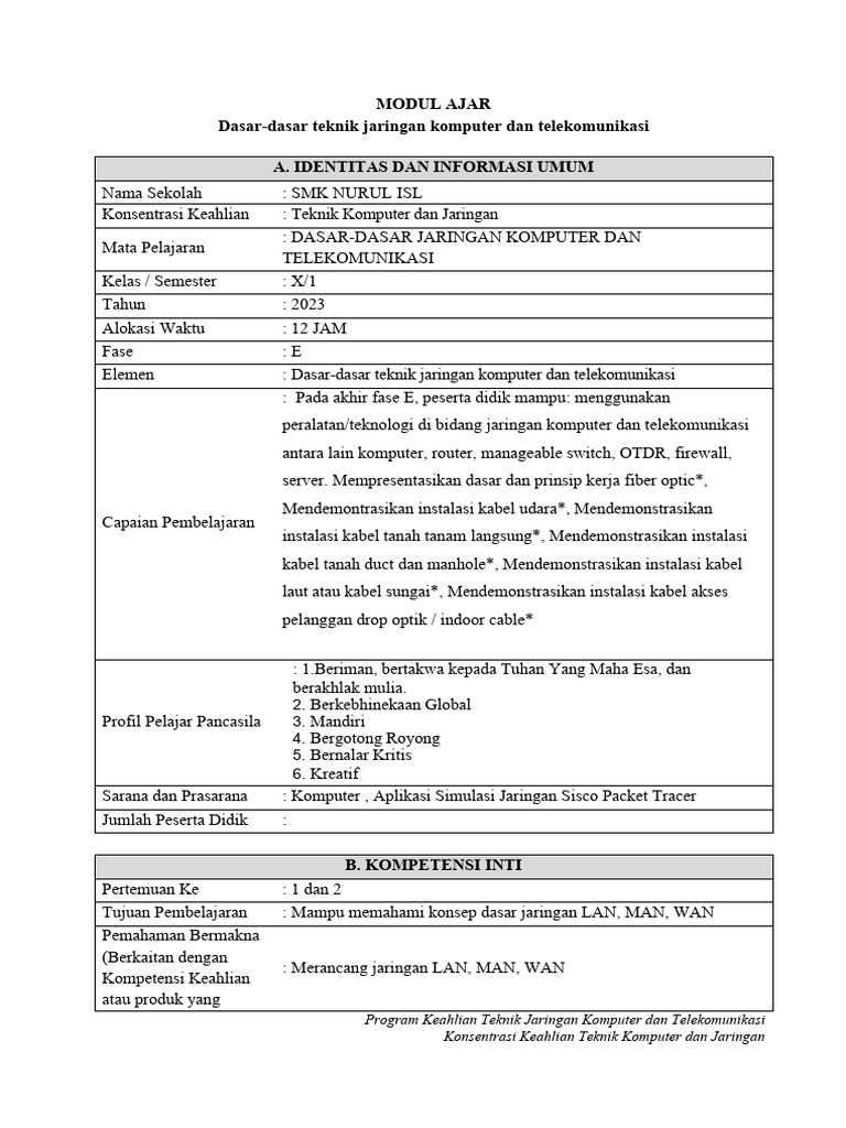 Modul Ajar Dasar Teknik Jaringan Komputer Dan Telekomunikasi Mursid Purnomo | PDF