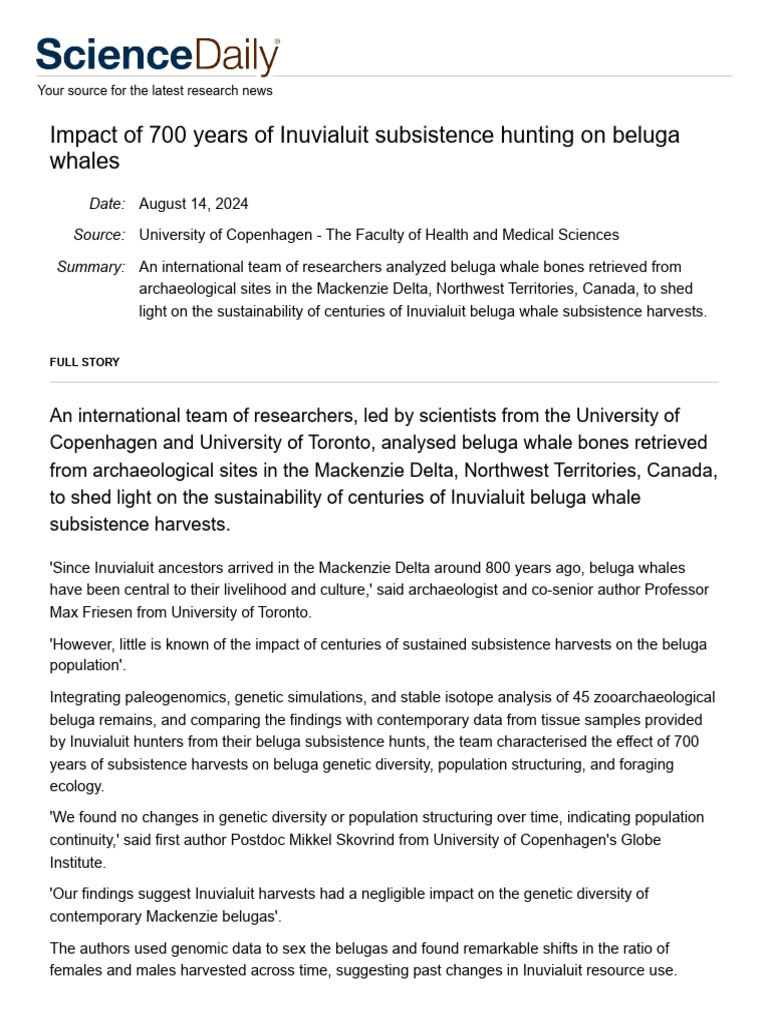 Impact of 700 Years of Inuvialuit Subsistence Hunting On Beluga Whales ...