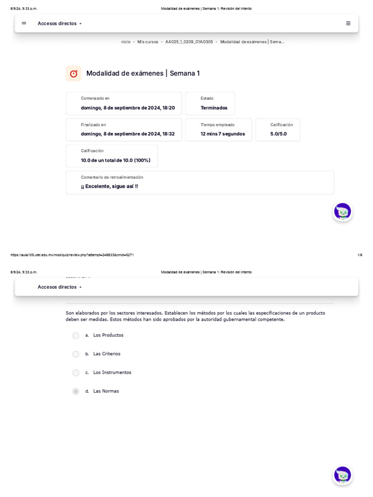 Normas y Control de Calidad - Modalidad de Exámenes - Semana 1 - Revisión Del Intento | PDF ...