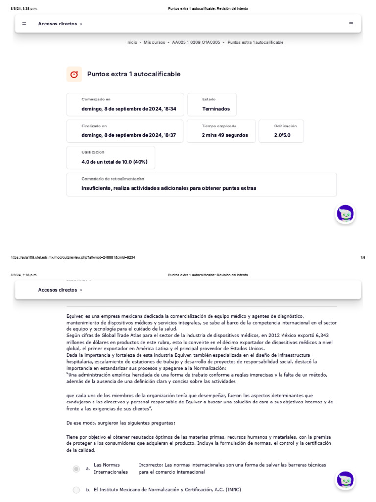 Normal y Control de Calidad - Puntos Extra 1 Autocalificable_ Revisión Del Intento | PDF ...