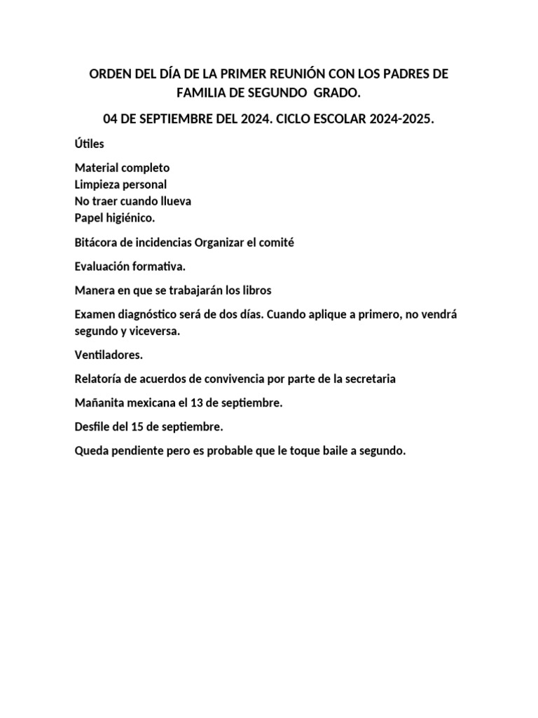 Orden Del Día de La Primer Reunión Con Los Padres de Familia de Segundo ...