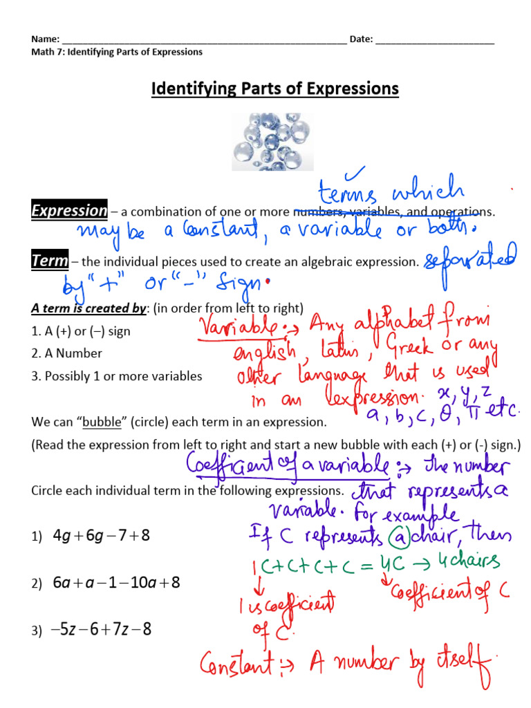 Parts of Algebraic Expressions Guide | PDF