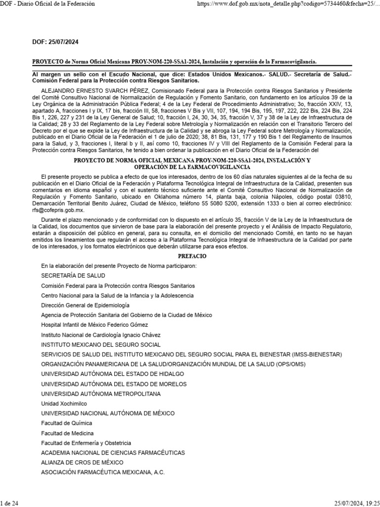 NOM 220-2024 Instalacion y Operacion de La Farmacovigilancia | PDF ...