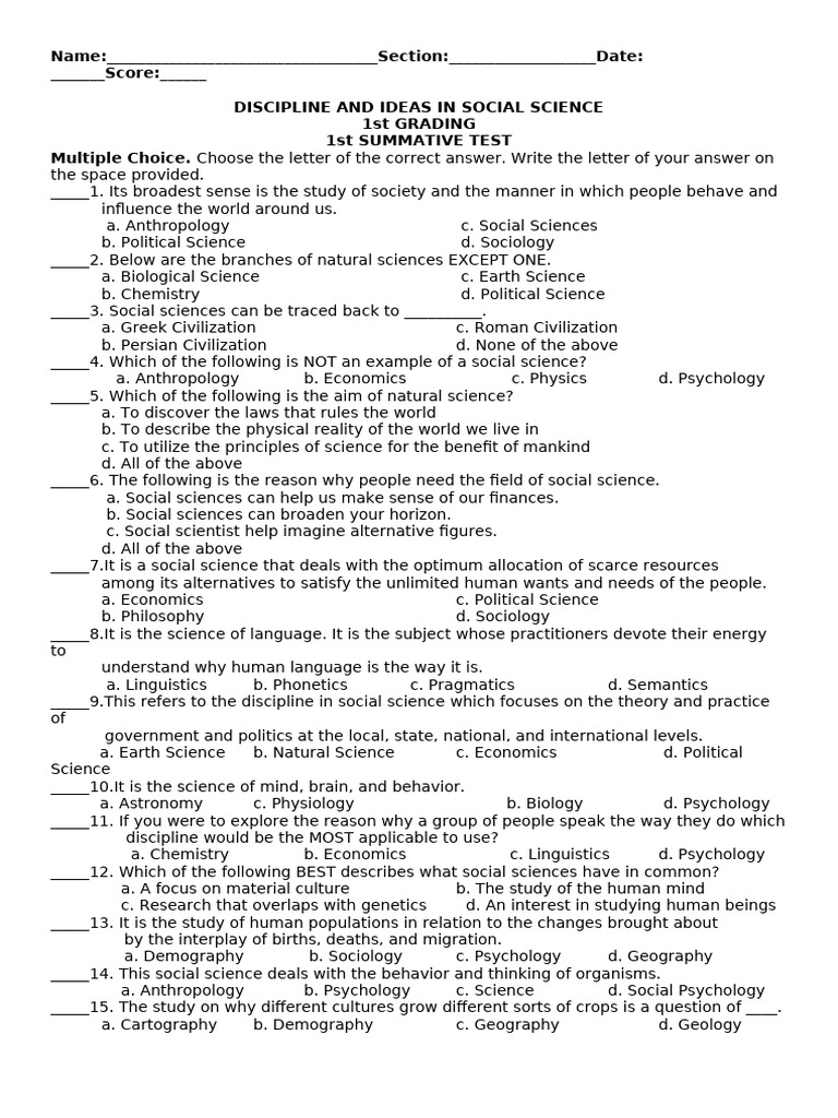 Social Science Test for Students | PDF | Social Sciences | Social Science