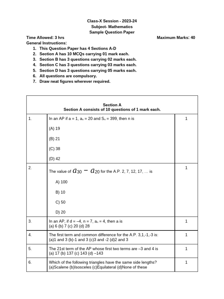 Class 10 Math Sample Paper 2023-24 | PDF | Triangle | Euclidean Geometry