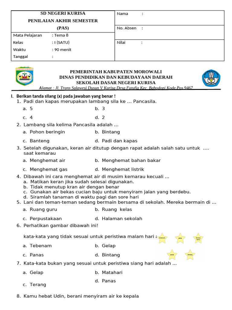Soal Pas Kelas 1 Tema 8 | PDF