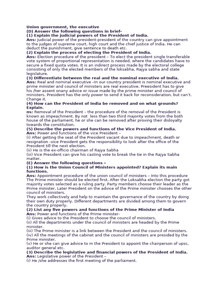 Powers and Functions of India's Executive | PDF | Government Of India ...