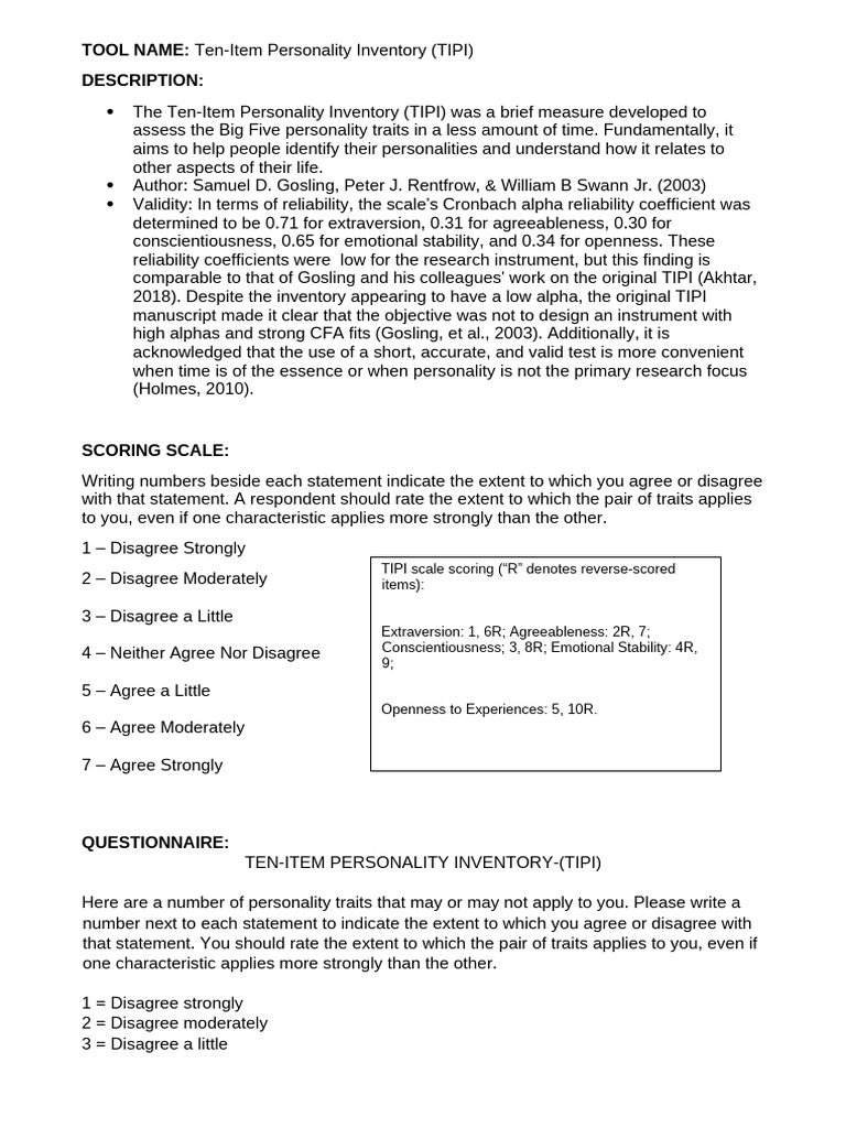 Ten Item Personality Inventory TIPI | PDF