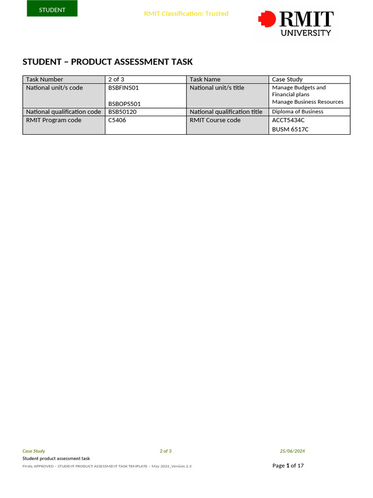 Task2 CaseStudy BSBFIN501 BSBOPS501 Student | PDF