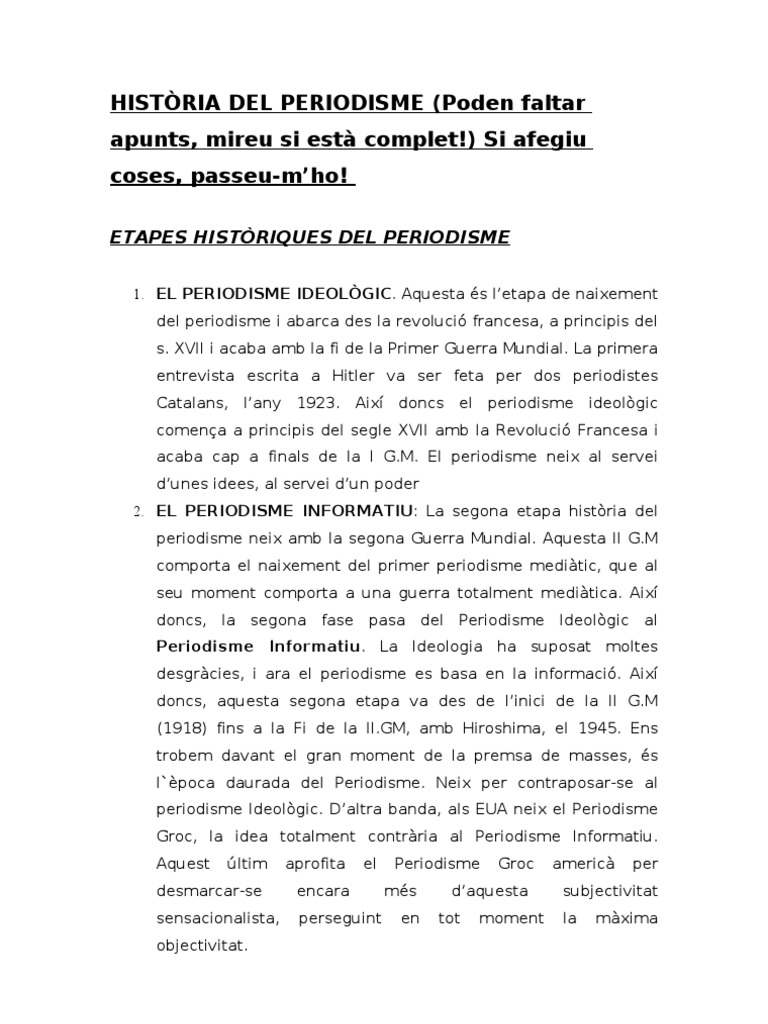 Apunts Definitius Història Del Periodisme | PDF