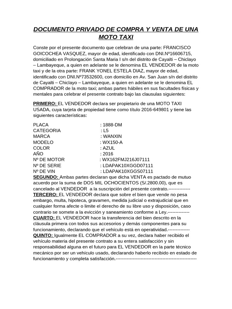 Documento Privado de Compra y Venta de Una Moto Taxi | PDF