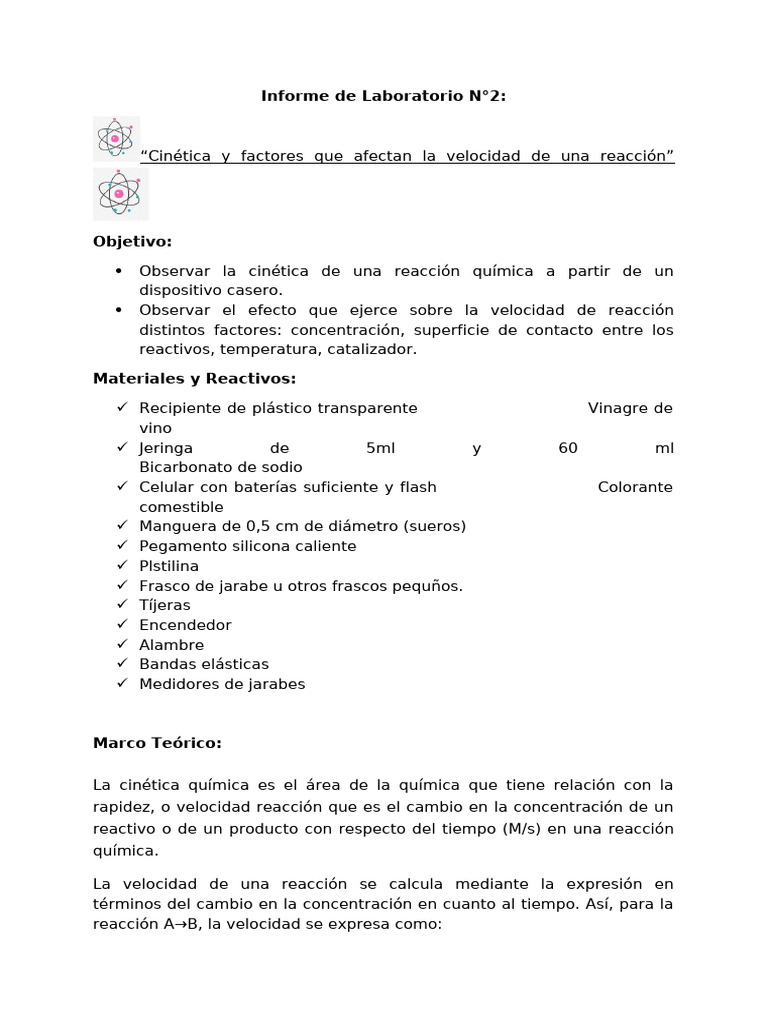 Informe de Laboratorio N°2 Cinetica QAI Correccion | PDF | Cinética química | Ciencia y matemáticas