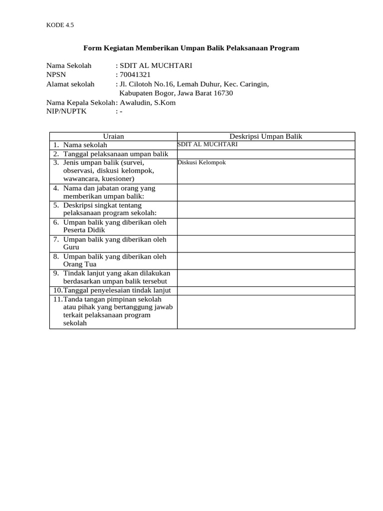 Form Kegiatan Memberikan Umpan Balik Pelaksanaan Program | PDF