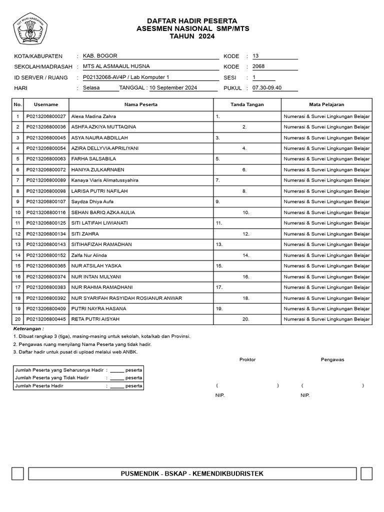 Daftar Hadir Anbk Mts AHB 2024 h2 | PDF