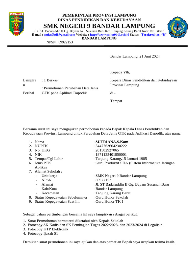 Surat Permohonan Perubahan Jenis PTK | PDF