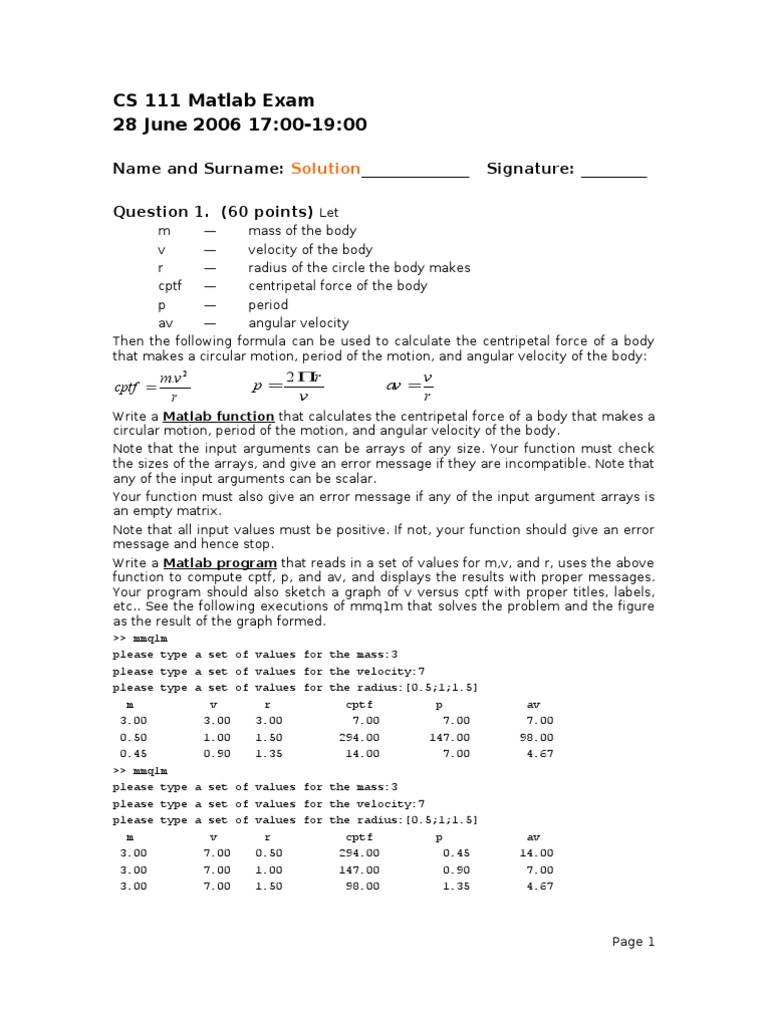 Summer Matlab Exam Solution Pdf Matrix Mathematics Parameter