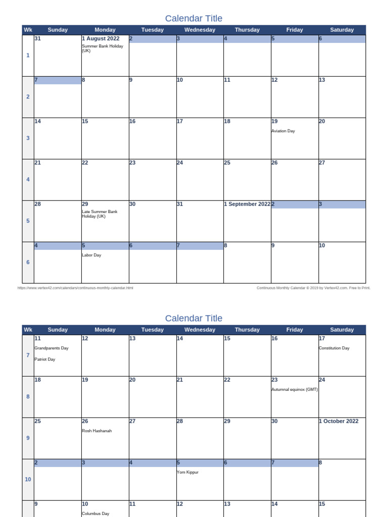 Continuous Monthly Calendar Holidays | PDF