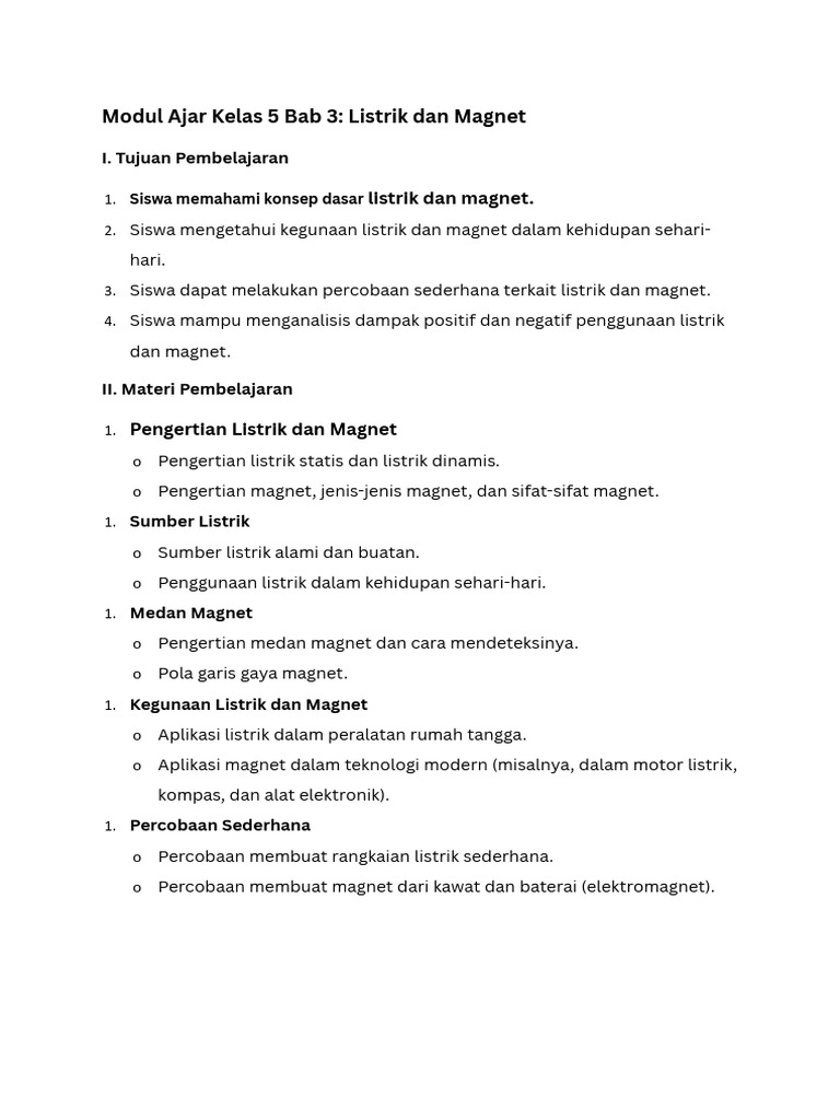Modul Ajar Kelas 5 Bab 3 Listrik Dan Magnet | PDF