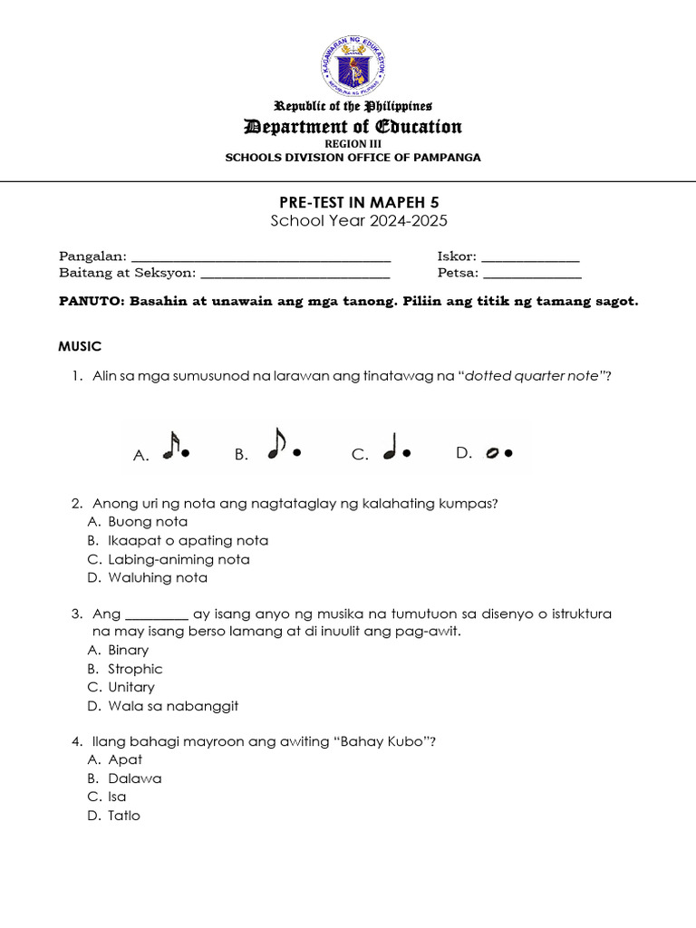 Pretest in Mapeh 5 | PDF