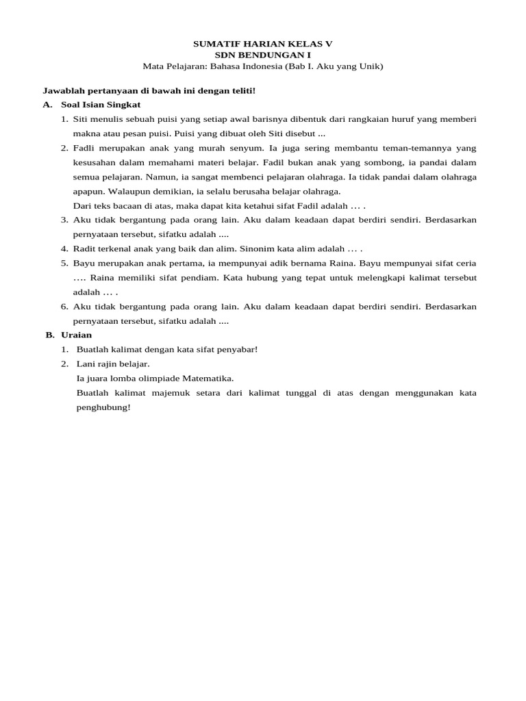 SUMATIF HARIAN KELAS V TP1 | PDF