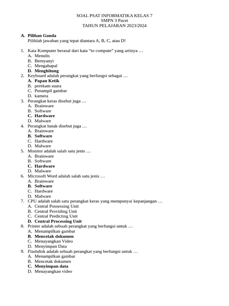 Soal Psat Informatika Kelas 7 Patil 23-24 | PDF