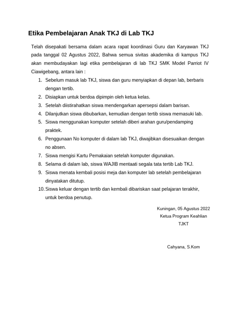 Etika Pembelajaran Anak TKJ Di Lab TKJ 2022-2023 | PDF