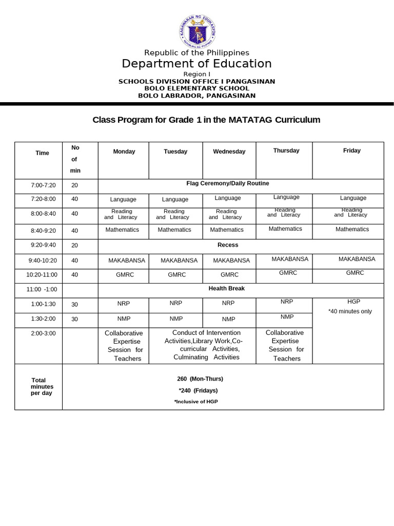 Class Program For MATATAG Curriculum | PDF
