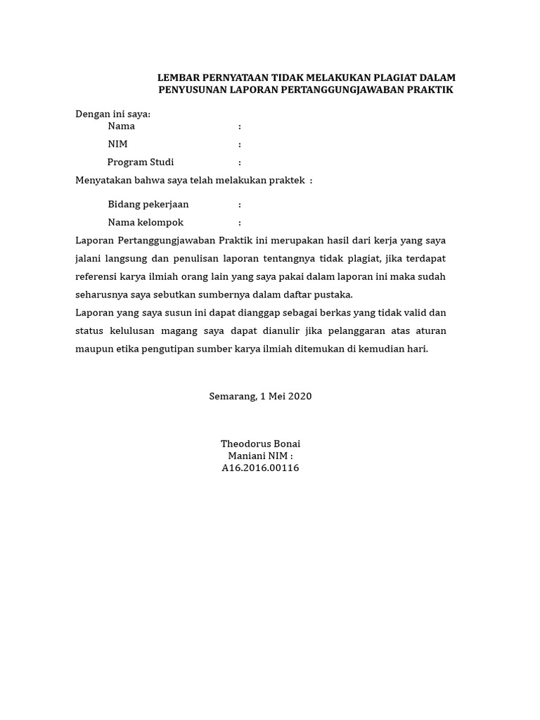 Lembar Pernyataan Tidak Melakukan Plagiat Dalam Penyusunan Laporan Pertanggungjawaban Praktik | PDF