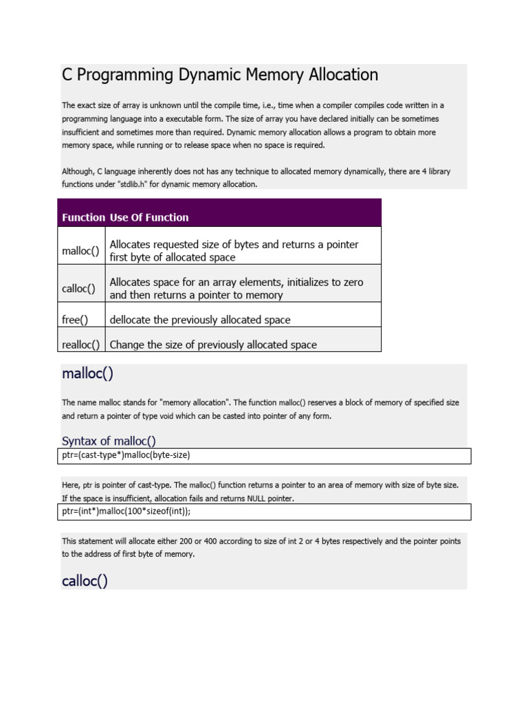 Dynamic Memory Allocation | PDF