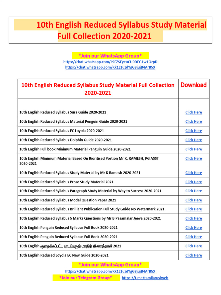 ??10th English Reduced Syllabus New Update Study Material Full Collection 2020-2021? | PDF