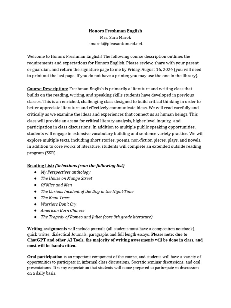 Freshman Honors English Syllabus - 2024 - 25 | PDF