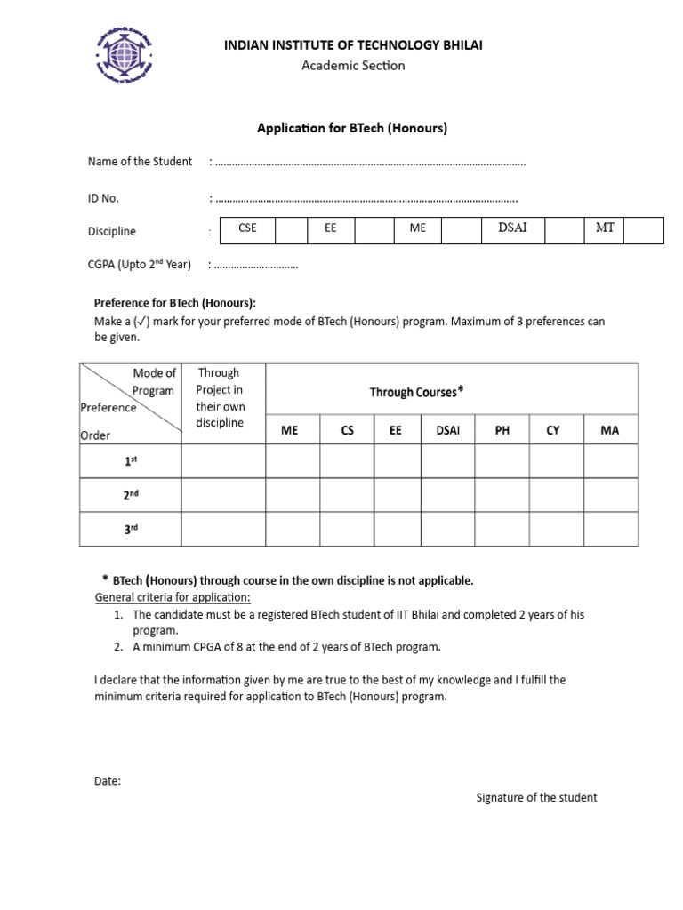 Application Form For Btech Hons MTrev | PDF