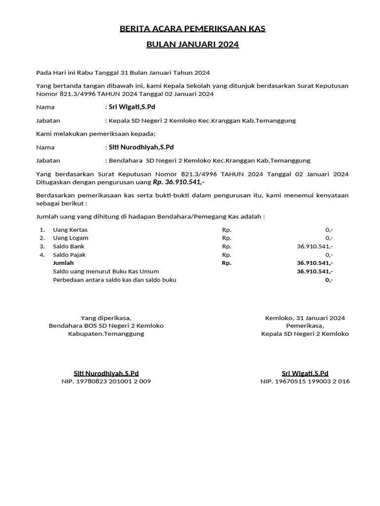 BERITA ACARA PEMERIKSAAN KAS (1) | PDF